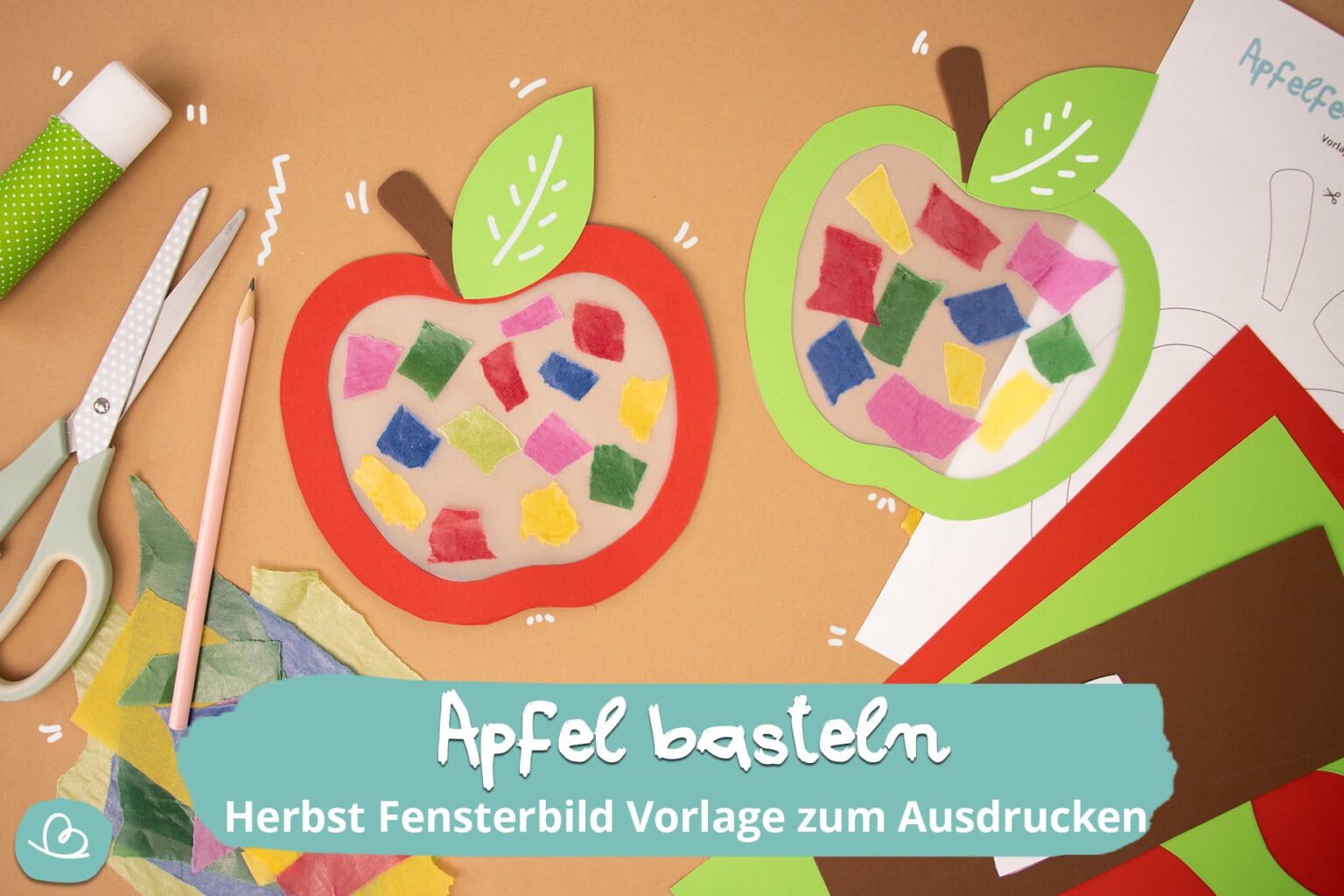 Apfel basteln + Fensterbild Vorlage zum Ausdrucken - Wunderbunt.de